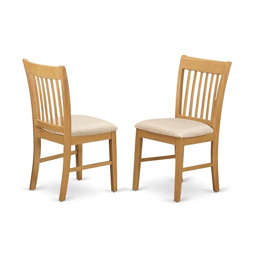 East West Furniture ESNF3-OAK-C 3 Piece Modern Dining Table Set Contains a Round Wooden Table with Pedestal and 2 Linen Fabric Upholstered Dining Chairs, 30x30 Inch, Oak