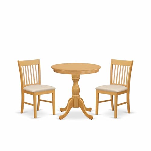 East West Furniture ESNF3-OAK-C 3 Piece Modern Dining Table Set Contains a Round Wooden Table with Pedestal and 2 Linen Fabric Upholstered Dining Chairs, 30x30 Inch, Oak