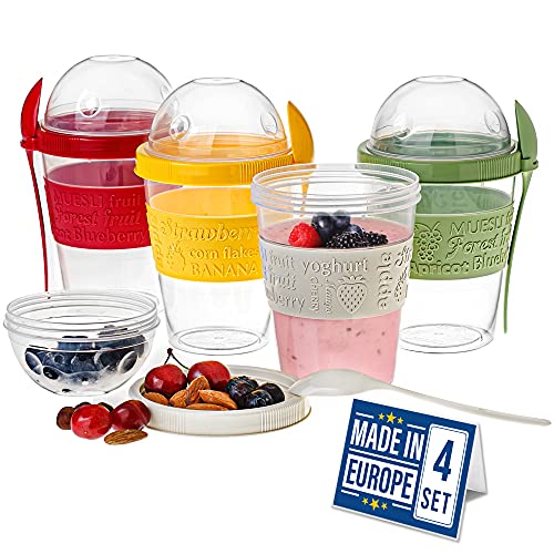 Crystalia Breakfast On the Go Cups, Take and Go Yogurt Cup with Topping Cereal or Oatmeal Container, Colorful Set of 4 (Large 20 oz)