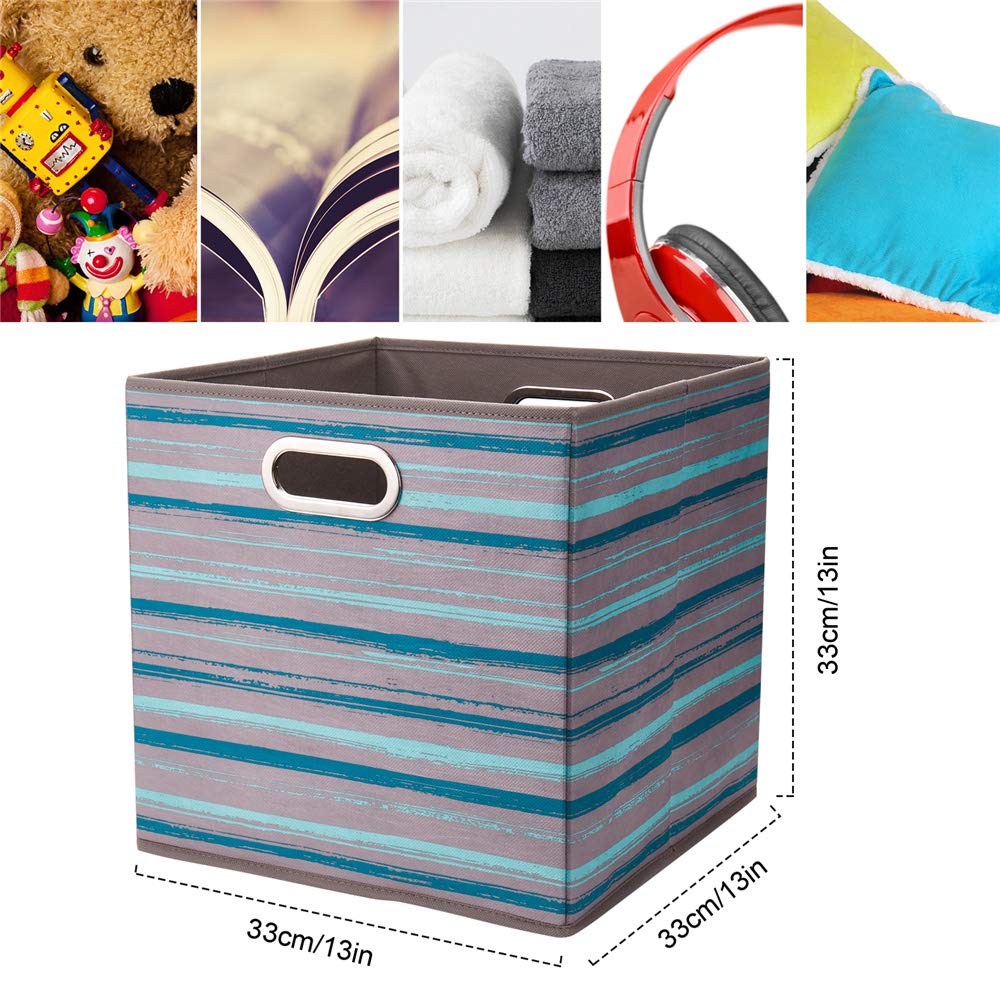 HSDT 13 inch Collapsible Storage Cubes Bins Teal Stripes Fabric Storage Boxes Foldable Cube Inserts Storage Grey Printed Folding Cloth Storage Baskets Drawer Organizer ,QY-SC05-3