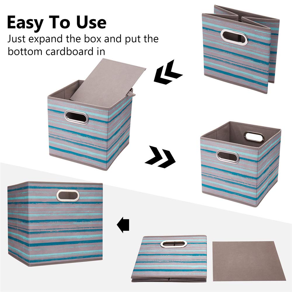 HSDT 13 inch Collapsible Storage Cubes Bins Teal Stripes Fabric Storage Boxes Foldable Cube Inserts Storage Grey Printed Folding Cloth Storage Baskets Drawer Organizer ,QY-SC05-3