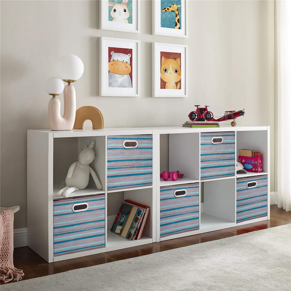HSDT 13 inch Collapsible Storage Cubes Bins Teal Stripes Fabric Storage Boxes Foldable Cube Inserts Storage Grey Printed Folding Cloth Storage Baskets Drawer Organizer ,QY-SC05-3