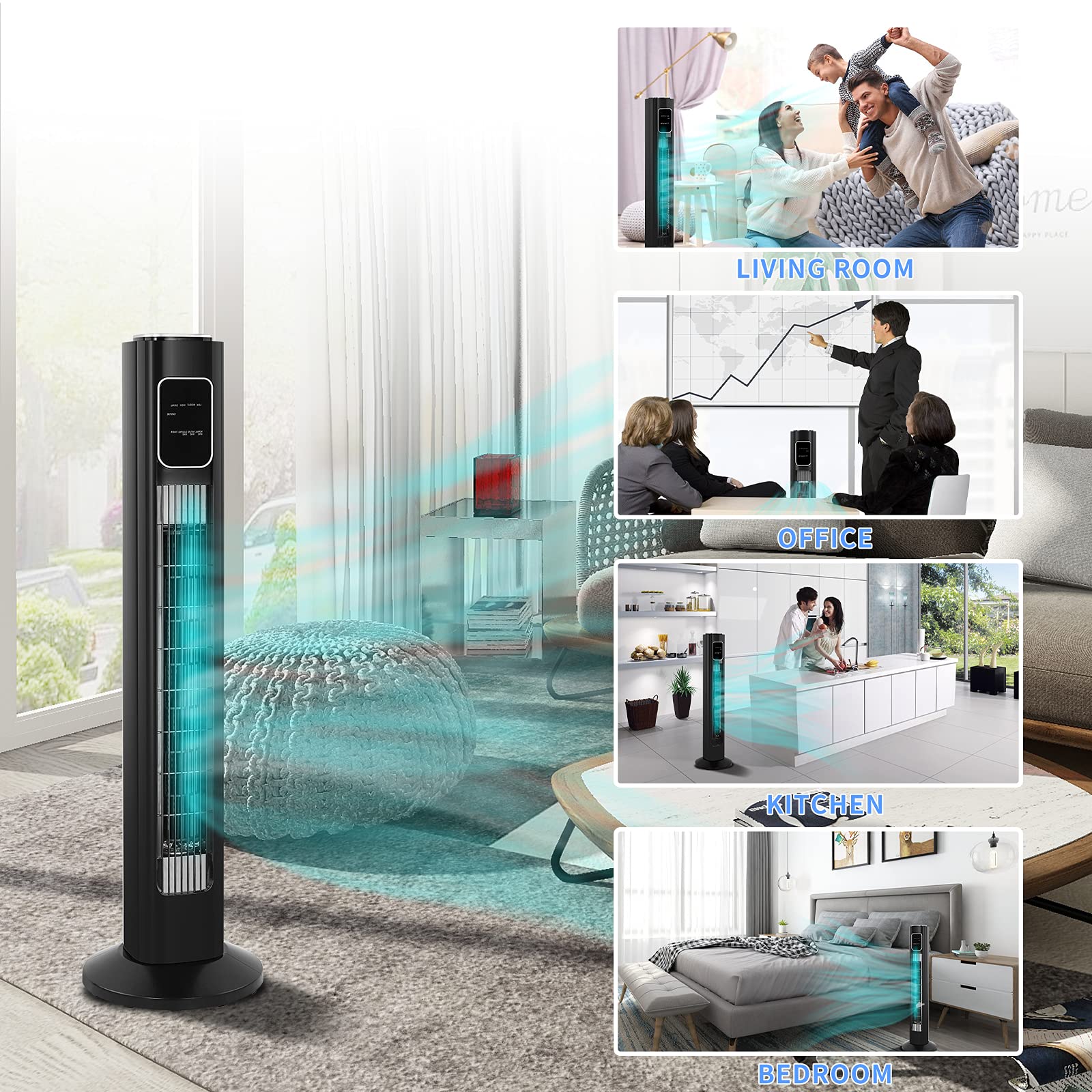 Antarctic Star Tower Fan Oscillating Fan Quiet Cooling Remote Control Powerful Standing 3 Speeds Wind Modes Bladeless Floor Fans Portable Bladeless Fan for Children Bedroom Home Office (Black, 35")