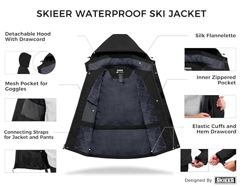 Skieer Men's Waterproof Snowboarding Coat Warm Quilted Ski Coat Windproof Short Winter Jacket(Black,X-Large)
