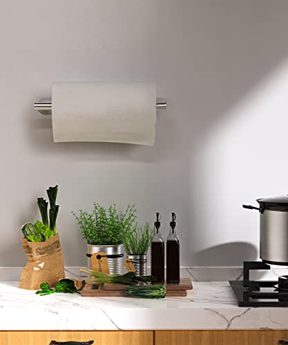 Paper Towel Holder Wall Mount-Adhesive or Drilling Stainless Steel Paper Towel Holder Under Cabinet Mount for Kitchen Bathroom (Silver)