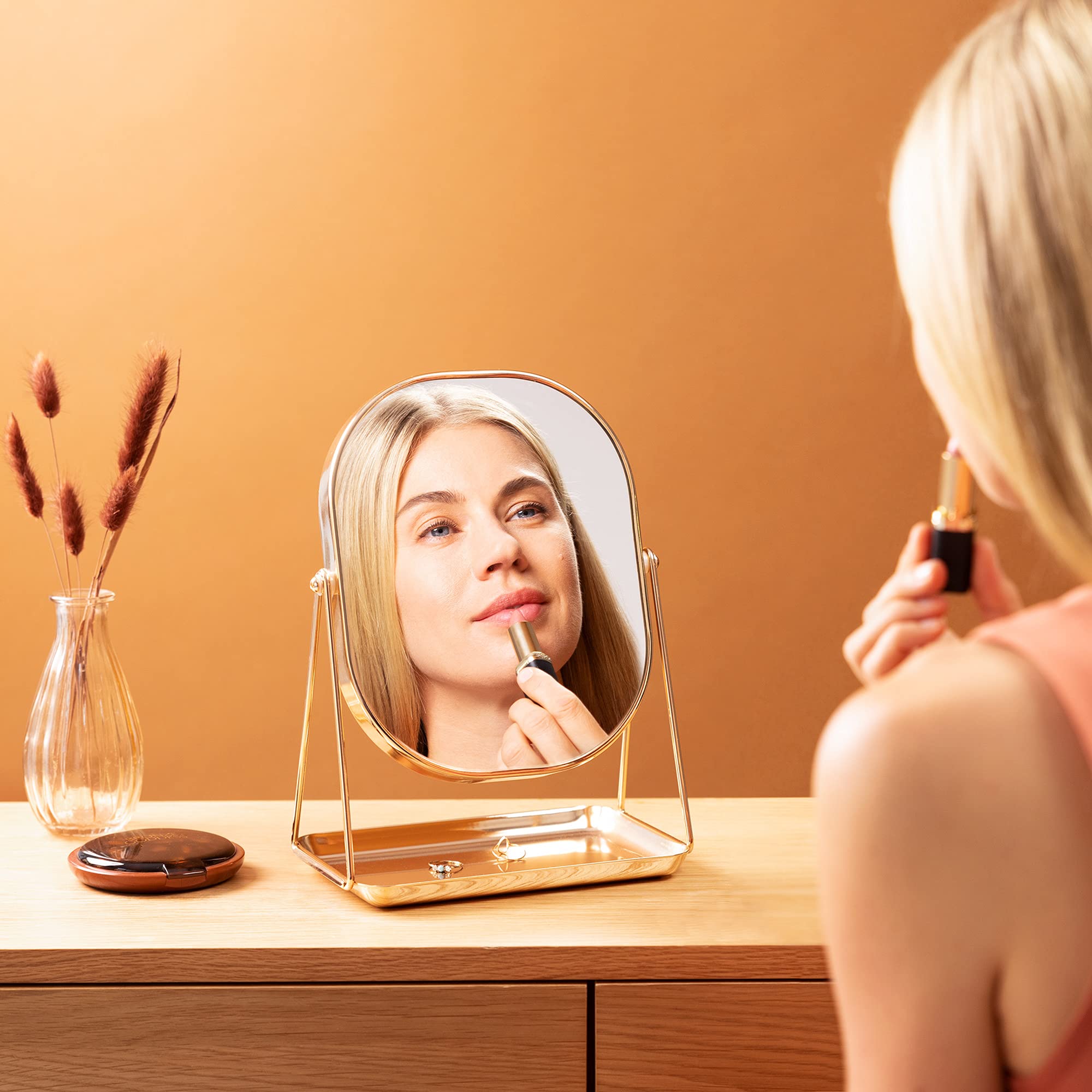 Navaris Vanity Mirror with Tray - Table Top Mirror with Metal Stand and Storage - 7" x 9" Mirror Size - for Makeup, Tabletop, Desk - Rose Gold Finish