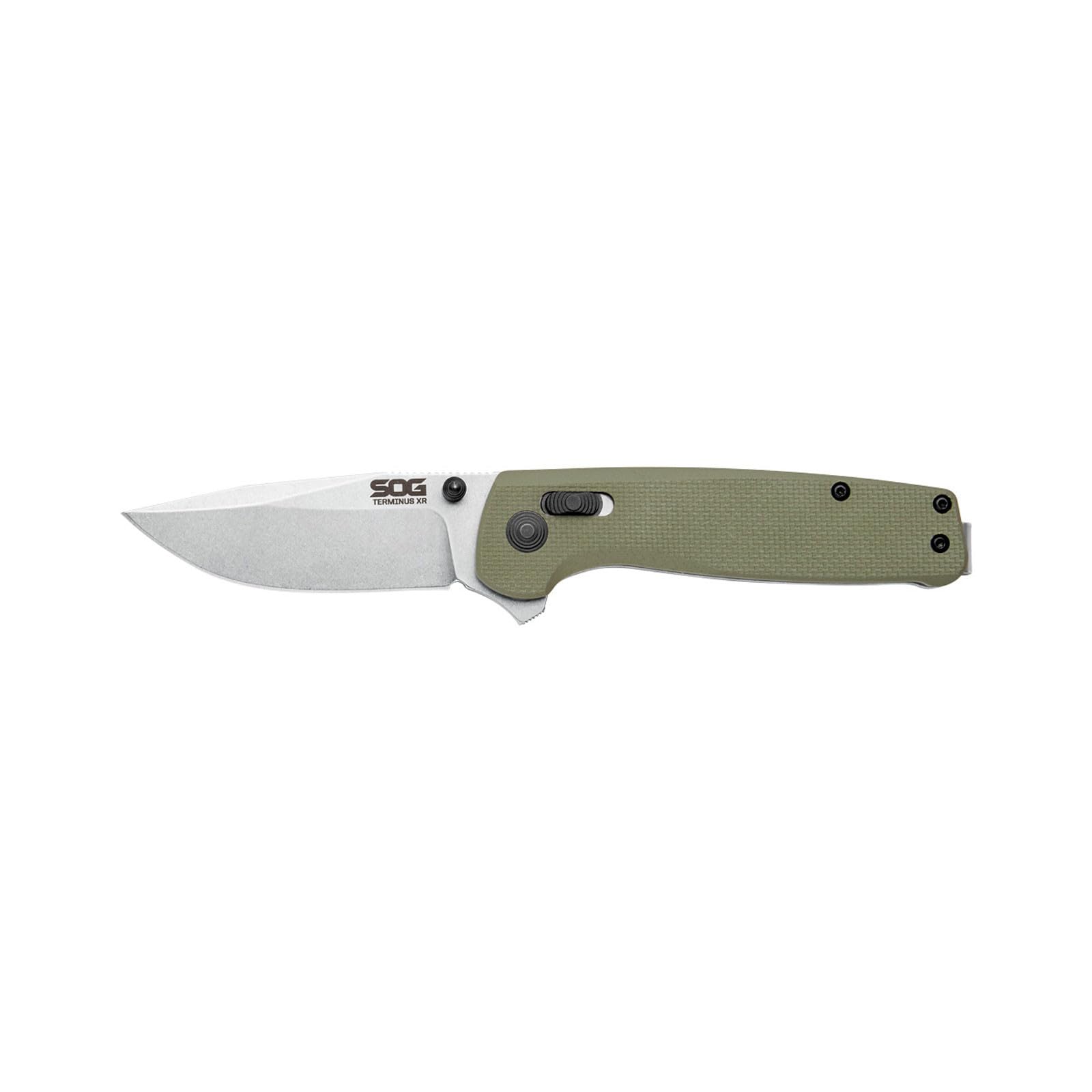 SOG Terminus XR G10 Daily Carry Rugged EDC Ambidextrous Pocket Folding Knife | G10 Handle | Wear-Resistant D2 Steel Blade, Olive Drab, Clam Pack