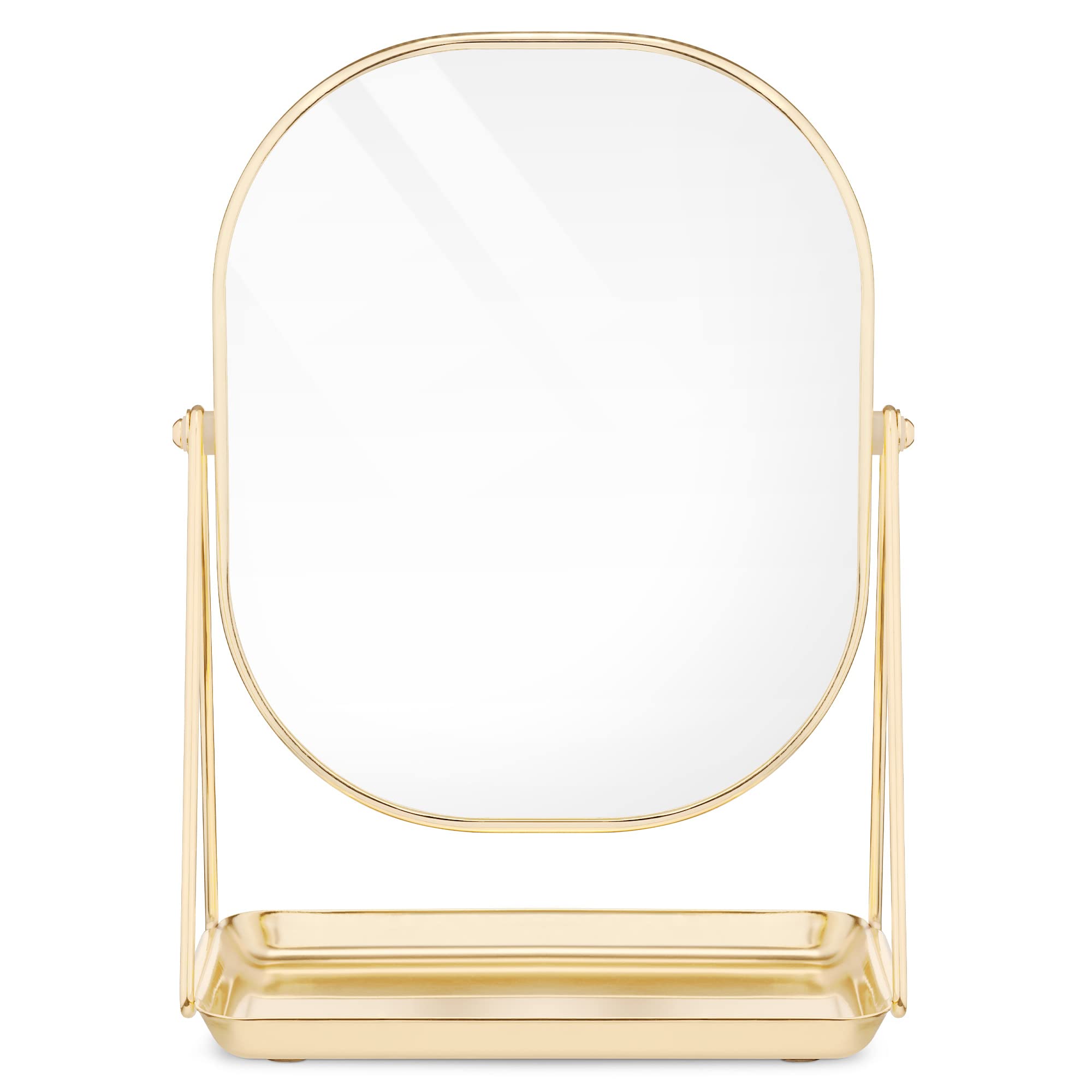 Navaris Vanity Mirror with Tray - Table Top Mirror with Metal Stand and Storage - 7" x 9" Mirror Size - for Makeup, Tabletop, Desk - Rose Gold Finish