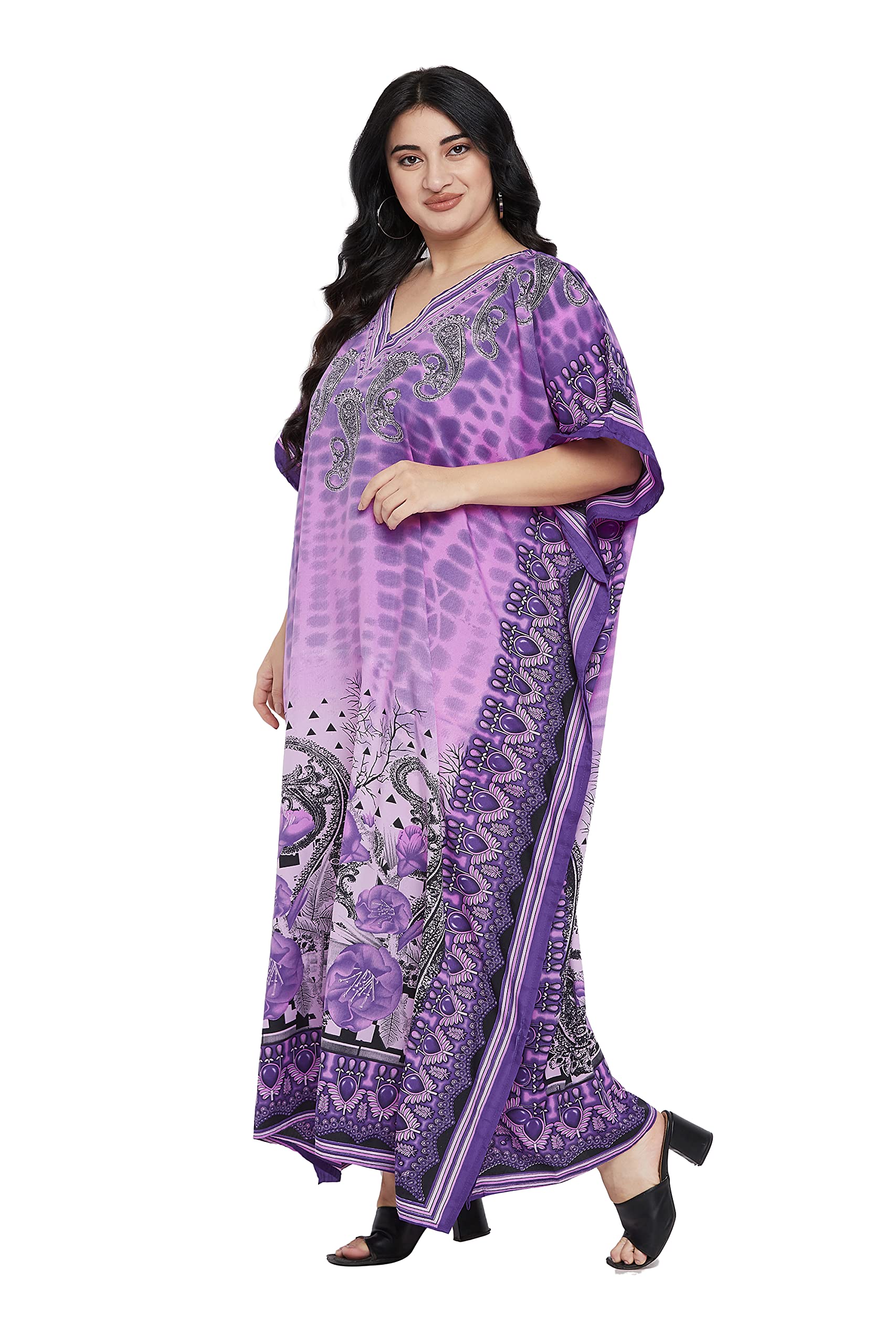 Oussum Women Plus Size Kaftans Kimono Style Polyester Dresses Loose Caftan Dress Ladies Evening Casual Long Maxi (Multicolor Yellow Pattern)