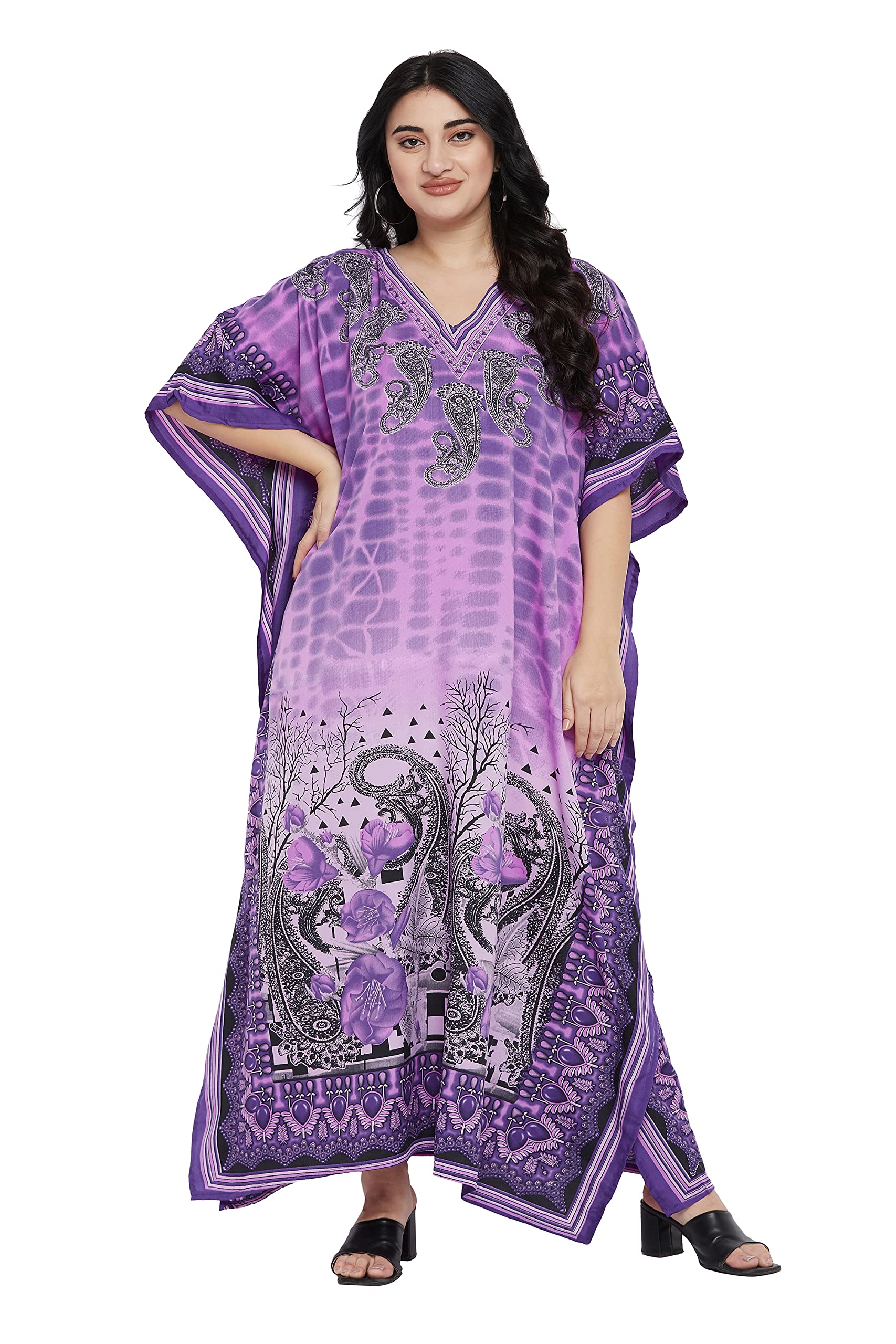 Oussum Women Plus Size Kaftans Kimono Style Polyester Dresses Loose Caftan Dress Ladies Evening Casual Long Maxi (Multicolor Yellow Pattern)