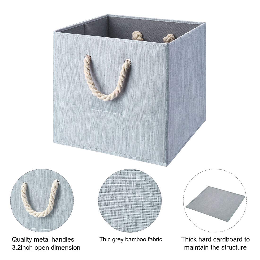 i BKGOO Foldable Storage Cube Bins Grey Bamboo Fabric Collapsible Resistant Basket Box Organizer with Cotton Rope Handle for Home Office and Nursery 13x13x13 inch