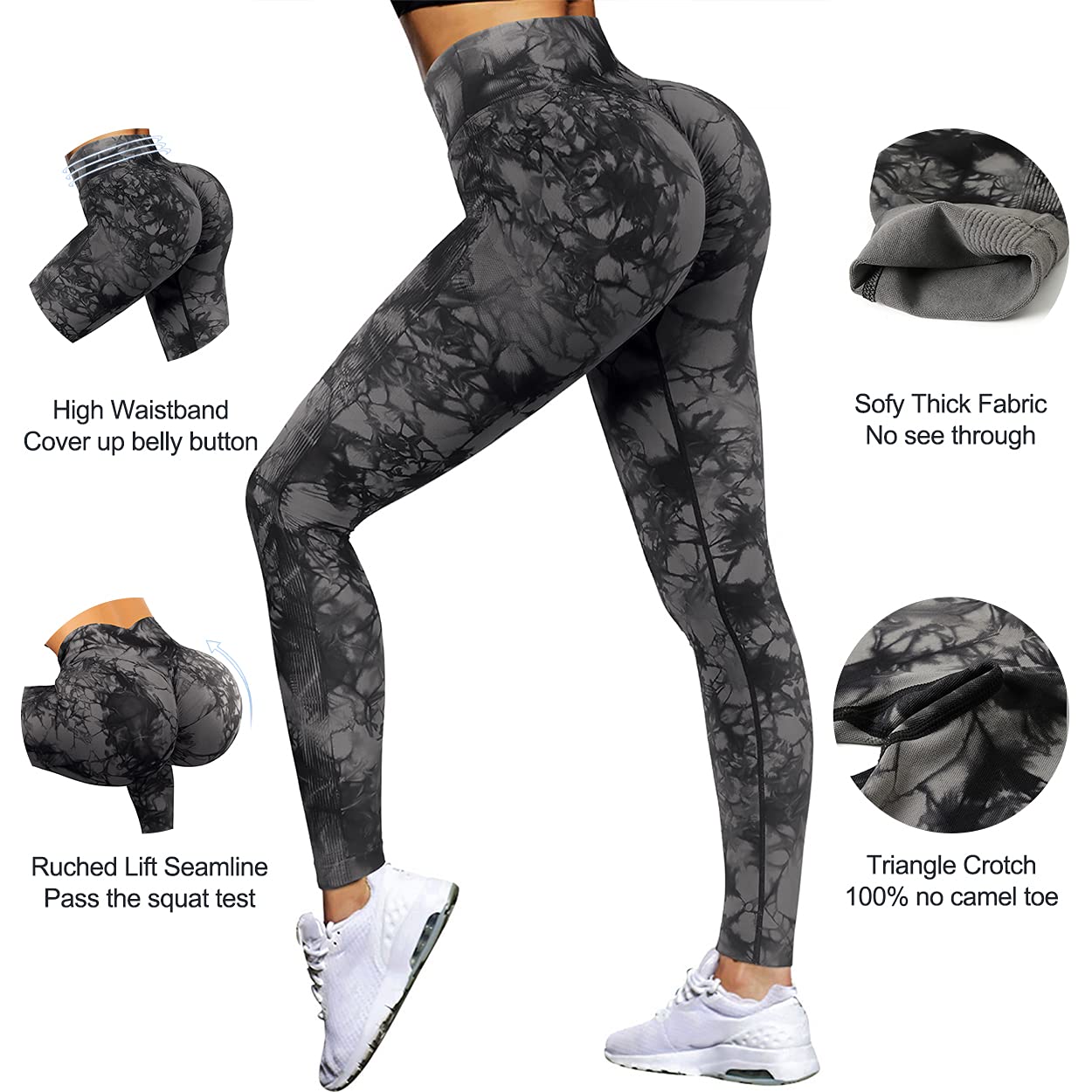 OMKAGI Women Scrunch Butt Lifting Leggings Seamless High Waisted Workout Yoga Pants(L,88-Black Tie Dye)
