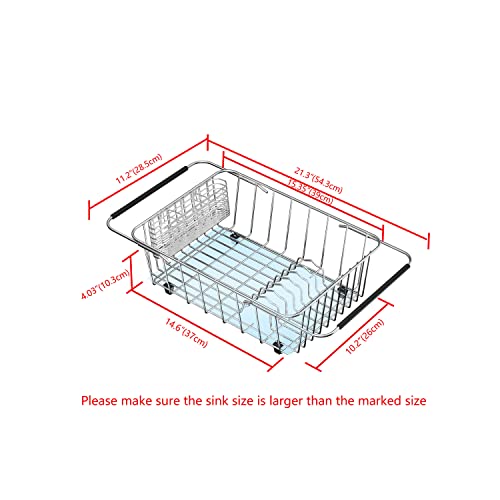 Lixin Tech Expandable Deep Type Large Plate Sink Dish Drying Rack for Kitchen Counter, Durable 304 Stainless Steel Dish Drainer with Utensil Holder Over Sink, Rustproof- Large