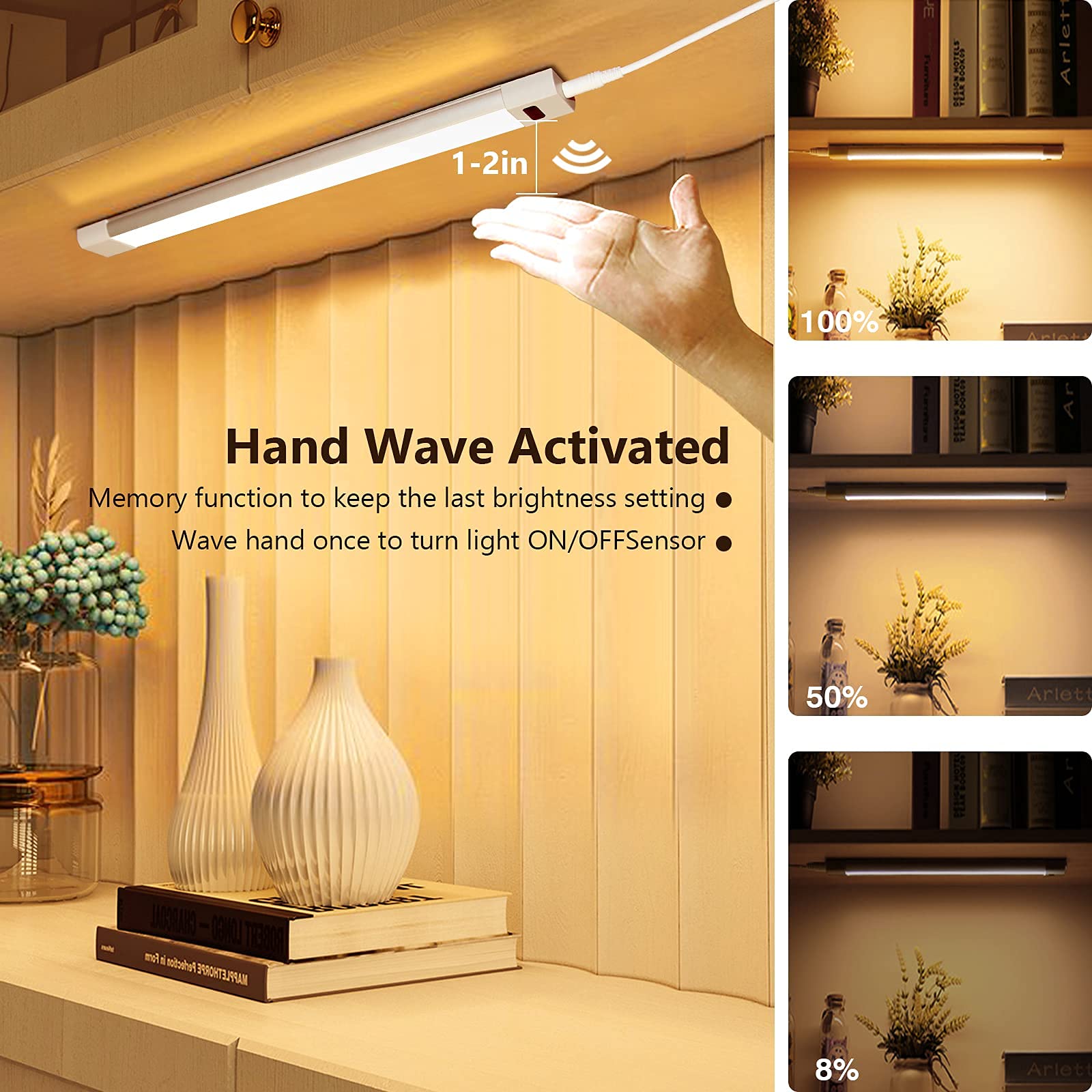 WOBANE Under Cabinet Lighting, Plug in LED Light Bar with ETL Adapter, Hand Wave Activated, 12” Cabinet Light Kit for Kitchen,Shelf,Bookcase,Display,Counter, 2700K Warm White,Dimmable,1 Panel