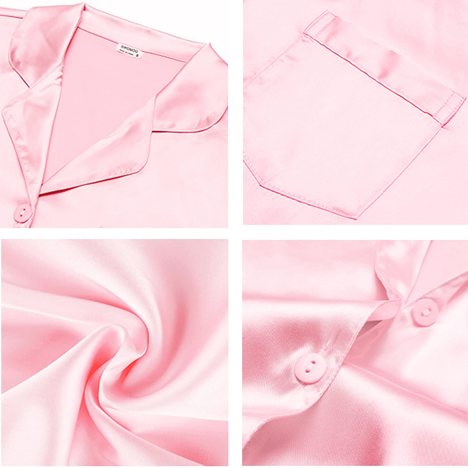 SWOMOG Long Sleeve Pajamas Set Silk Satin Sleepwear Button Down Pjs Loungewear with Pocket Light Pink Medium