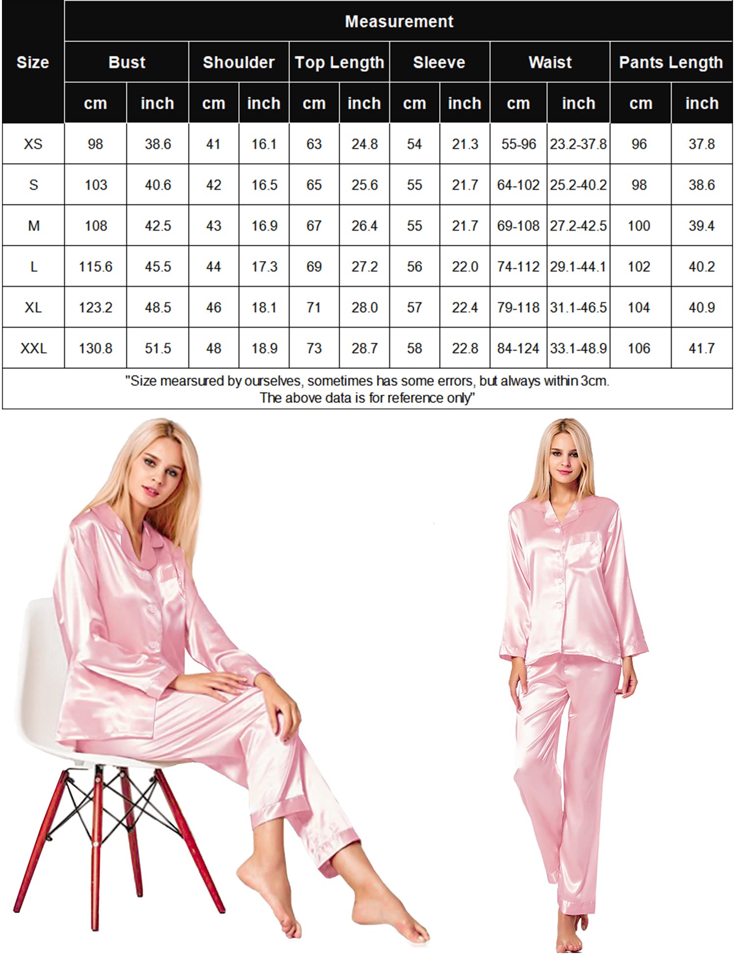 SWOMOG Long Sleeve Pajamas Set Silk Satin Sleepwear Button Down Pjs Loungewear with Pocket Light Pink Medium