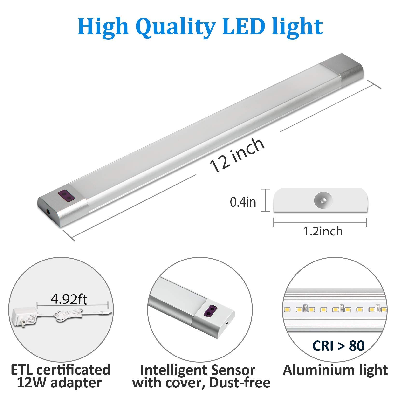 WOBANE Under Cabinet Lighting, Plug in LED Light Bar with ETL Adapter, Hand Wave Activated, 12” Cabinet Light Kit for Kitchen,Shelf,Bookcase,Display,Counter, 2700K Warm White,Dimmable,1 Panel