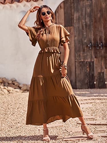 PRETTYGARDEN Womens Summer Boho Maxi Dress Short Sleeve V Neck Ruffle Trim High Waisted Tiered Party Flowy Long Dresses 2023 (Coffee, Large)