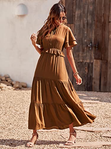 PRETTYGARDEN Womens Summer Boho Maxi Dress Short Sleeve V Neck Ruffle Trim High Waisted Tiered Party Flowy Long Dresses 2023 (Coffee, Large)
