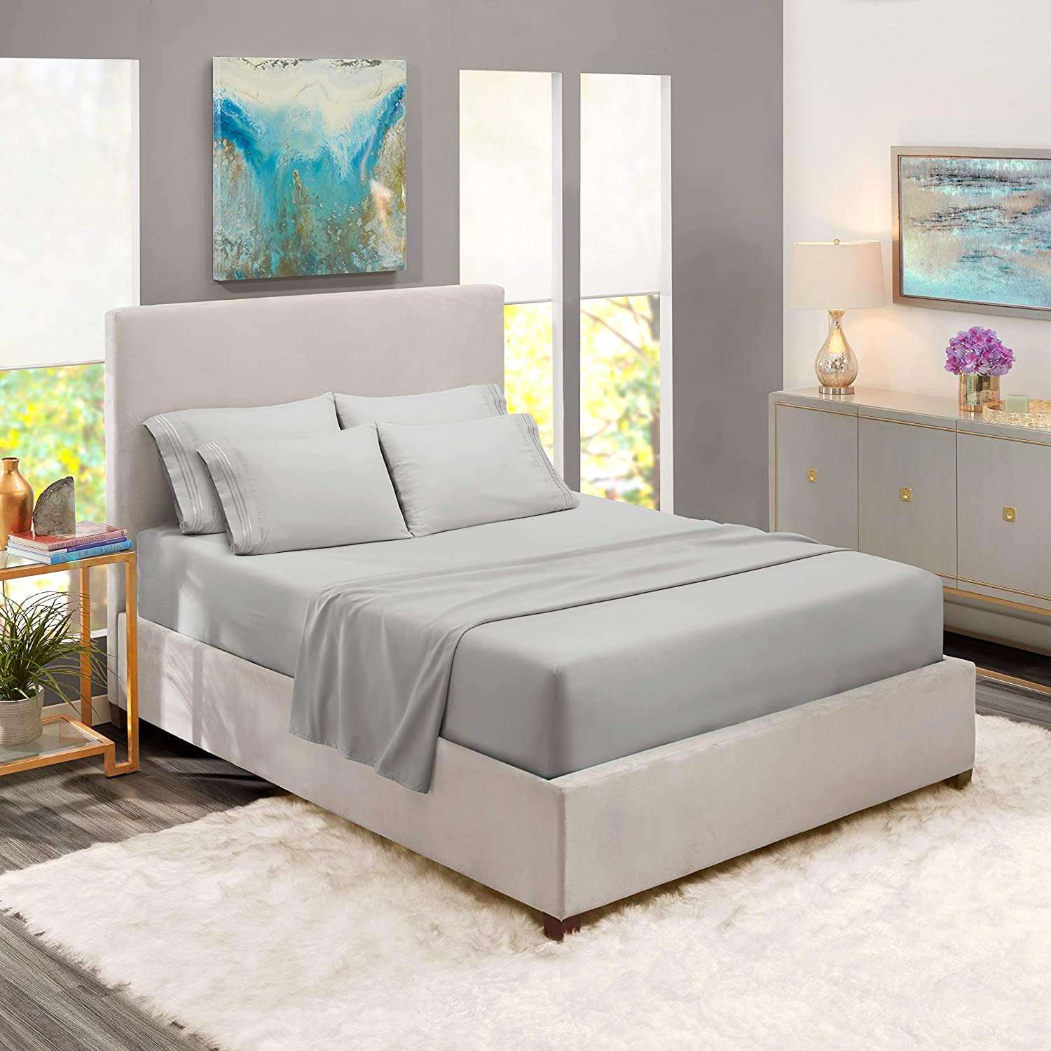 Nestl Full Size Sheet Sets - 6 PC Soft Microfiber Deep Pocket Full Sheet Set - Shrinkage and Fade Resistant Bedding Sheets & Pillowcases - Full, Silver Light Gray