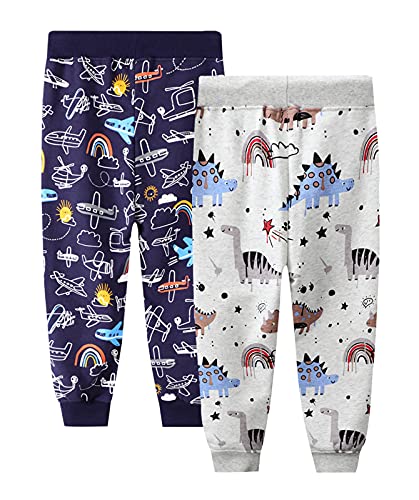 LOKTARC 2 Pack Litter Boys Jogger Pants Toddler Boys' Drawstring Elastic Waist Cotton Embroidery Sweatpants Aircraft Dinosaur 6-7 Years/Size 7T