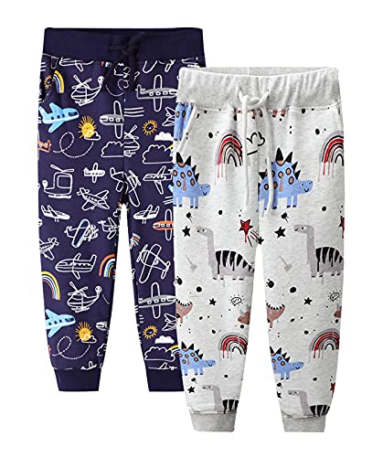 LOKTARC 2 Pack Litter Boys Jogger Pants Toddler Boys' Drawstring Elastic Waist Cotton Embroidery Sweatpants Aircraft Dinosaur 6-7 Years/Size 7T