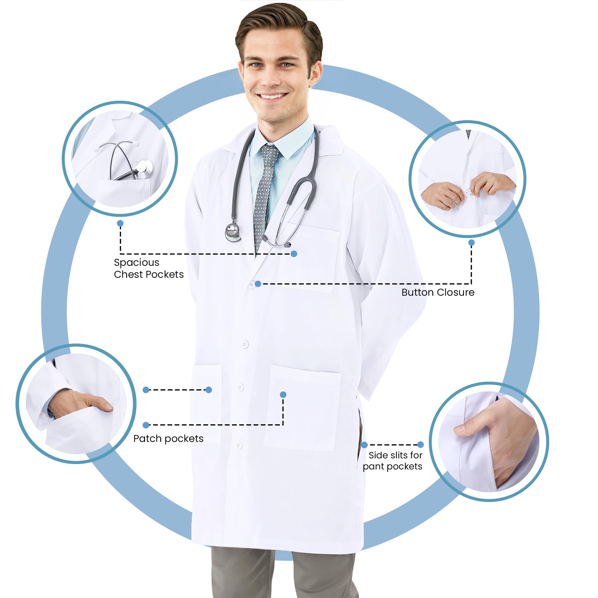 NY Threads Professional Lab Coat for Men Long Sleeve Poly Cotton Medical Coat 1 Pack, Large, White