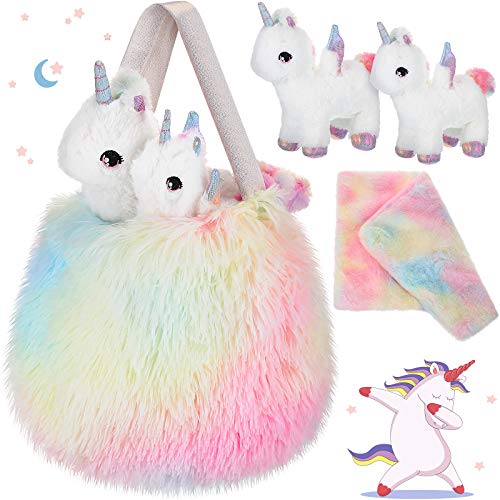 4 Pieces Unicorn Toys for Girls Plush Stuffed Unicorn Toys, XL Furry Bag and Doll Blanket, Adorable Plush Stuffed Animal Toy for Birthday Party Favors (Rainbow Color)