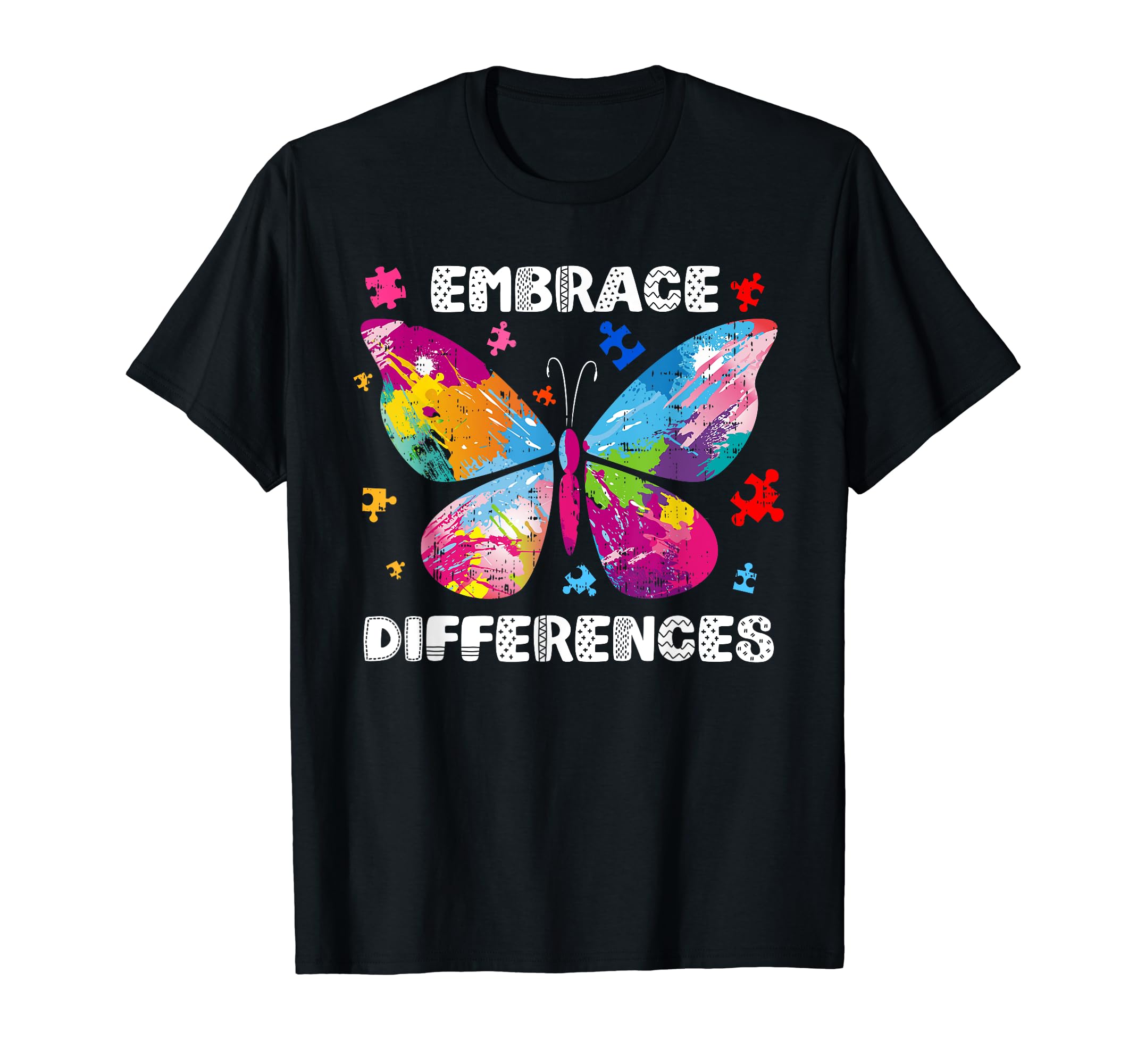 Embrace Differences Autism Awareness Butterfly Puzzle Piece T-Shirt