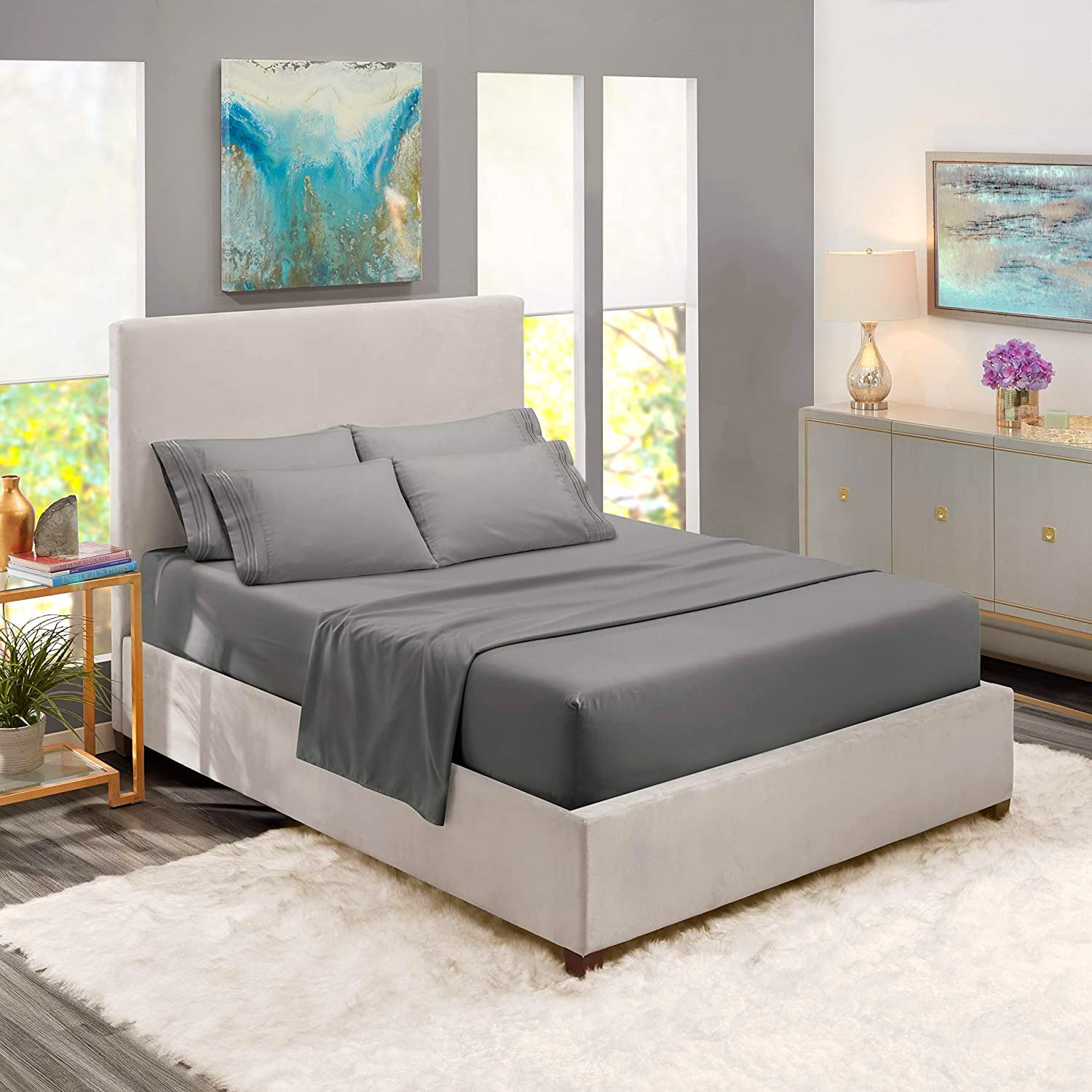 Nestl Full Size Sheet Sets - 6 PC Soft Microfiber Deep Pocket Full Sheet Set - Shrinkage and Fade Resistant Bedding Sheets & Pillowcases - Full, Dark Gray