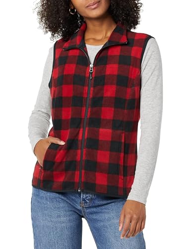 Amazon Essentials Women's Classic-Fit Sleeveless Polar Soft Fleece Vest (Available in Plus Size), Black Red Buffalo Plaid, X-Large