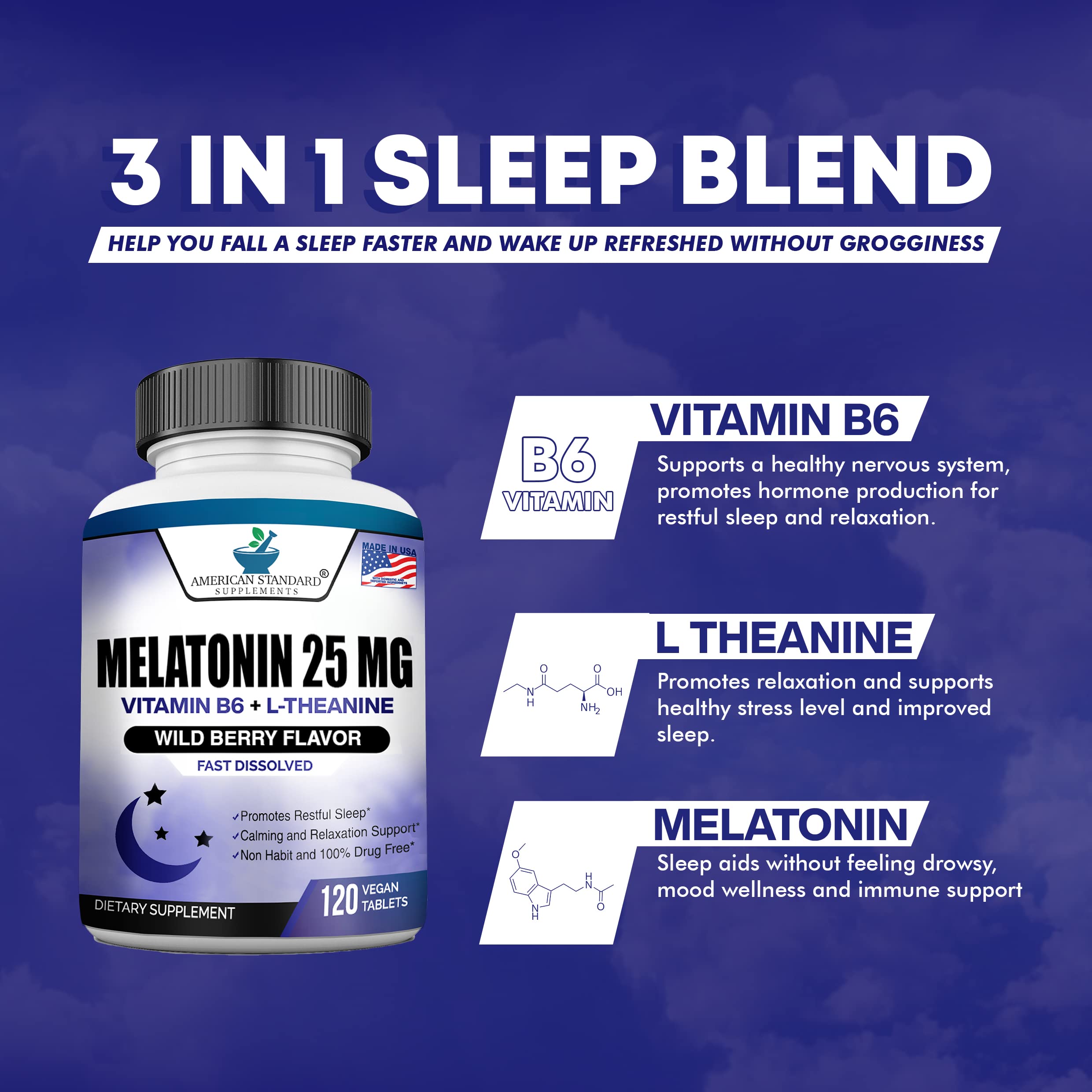 Melatonin 25mg Per One Tablet, 120 Chewable Tablet with L-Theanine & Vitamin B-6, Supports Healthy Sleep Cycle , Promotes Calming & Restful Sleep, Vegan, NON GMO, Made In USA