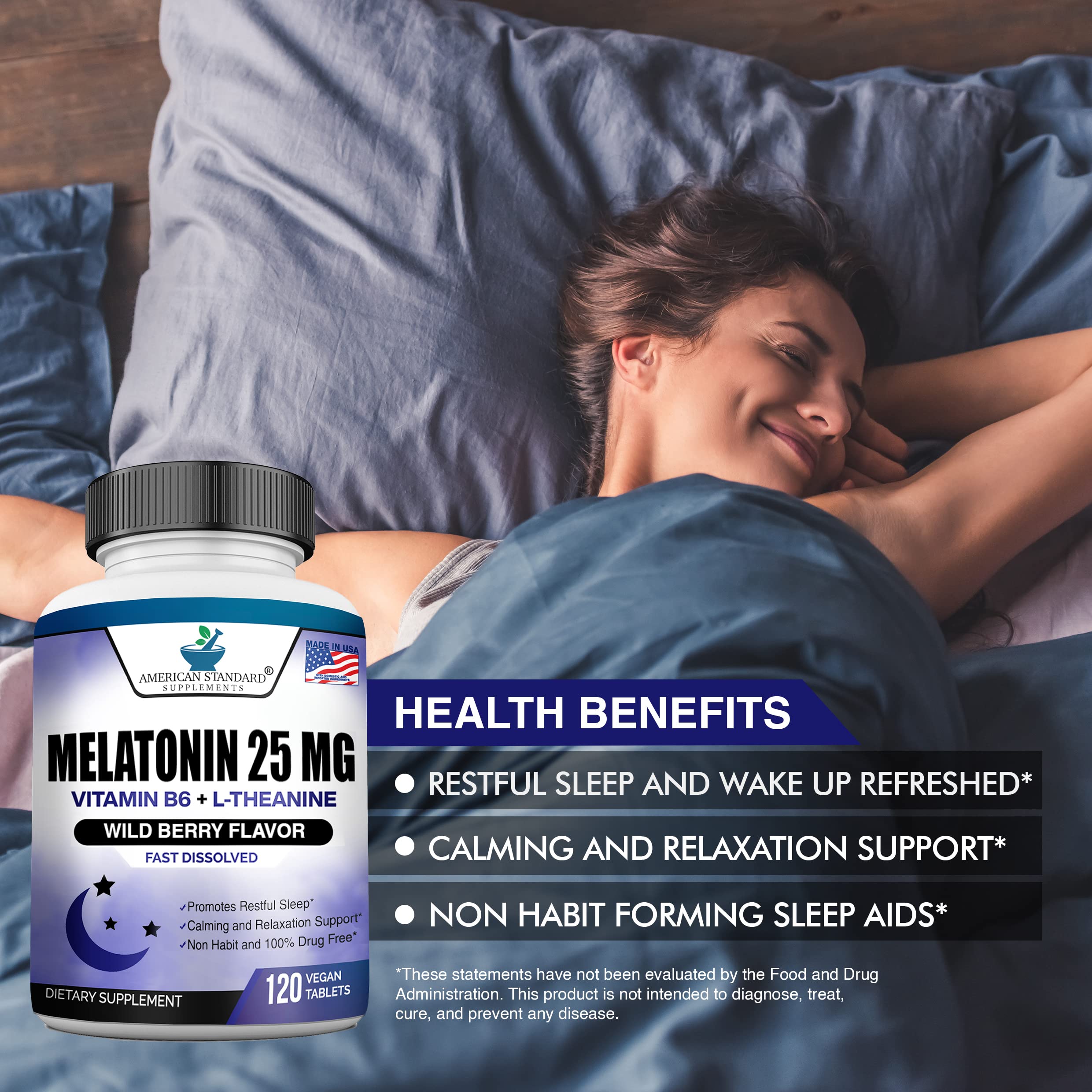 Melatonin 25mg Per One Tablet, 120 Chewable Tablet with L-Theanine & Vitamin B-6, Supports Healthy Sleep Cycle , Promotes Calming & Restful Sleep, Vegan, NON GMO, Made In USA