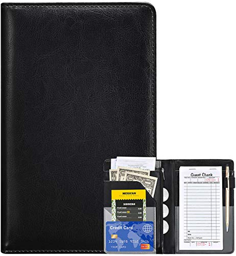 Server Books for Waitress - Leather Waiter Book Server Wallet with Zipper Pocket, Cute Waitress Book&Waitstaff Organizer with Money Pocket Fit Server Apron(Classic Black)