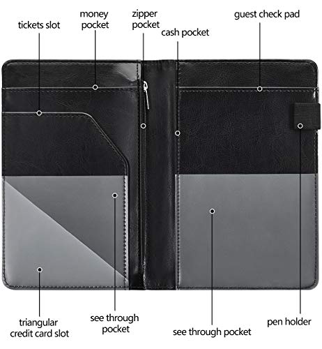 Server Books for Waitress - Leather Waiter Book Server Wallet with Zipper Pocket, Cute Waitress Book&Waitstaff Organizer with Money Pocket Fit Server Apron(Classic Black)