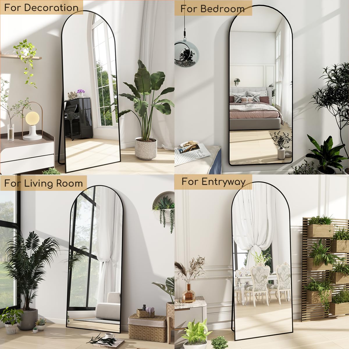JAWGLOW Arched Floor Mirror, 65" x 21" Full Length Mirror Wall Mirror Hanging or Leaning Arched-Top Full Body Mirror with Stand for Bedroom, Dressing Room, Black