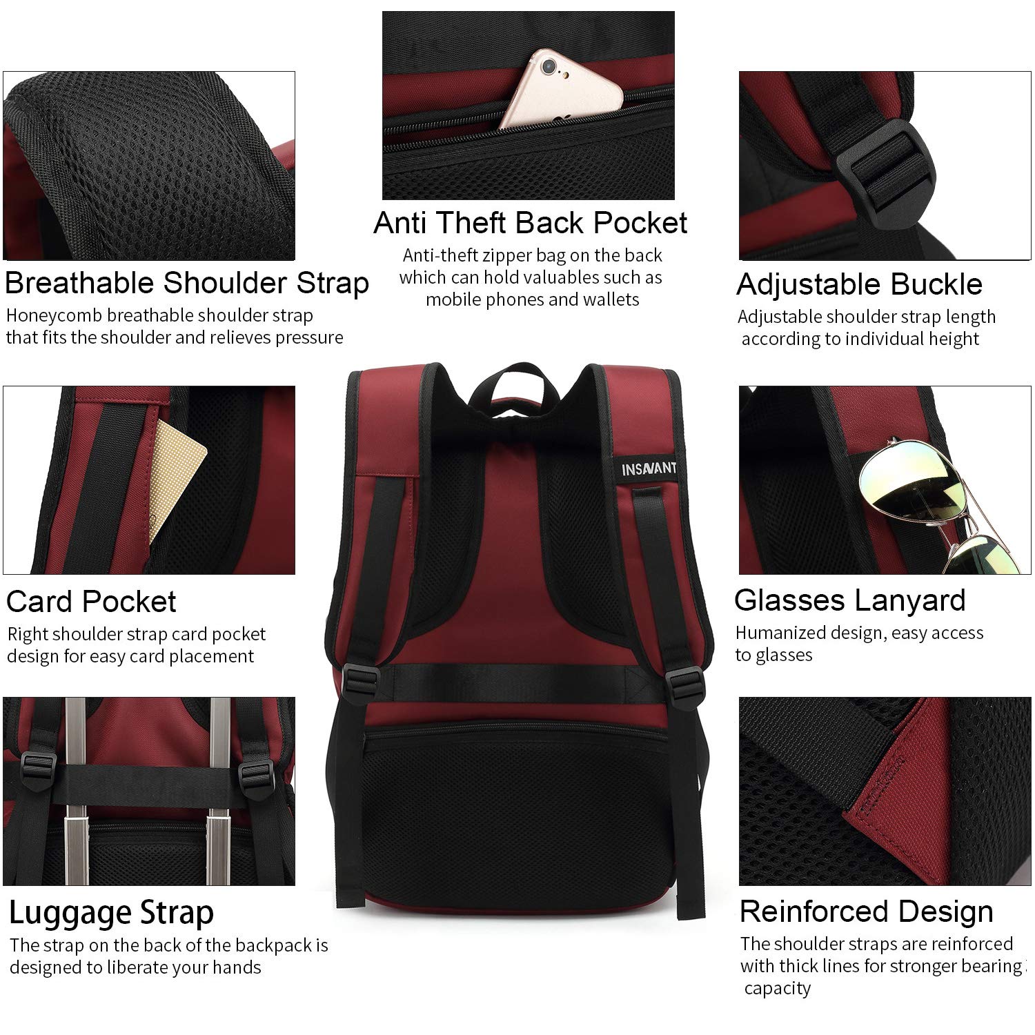 INSAVANT Laptop Backpack 15.6 Inch Water Resistant Backpacks Durable College Travel Daypack Anti Theft with USB Charging Port Best Gift for Men Women (15.6 Inch, Red)