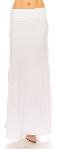 RENESEILLE Women's Long Maxi Skirt – Casual High Waist Fold Over Elastic Waistband Soft Flare Foldable Stretch Lounge Boho SKT810 White OS