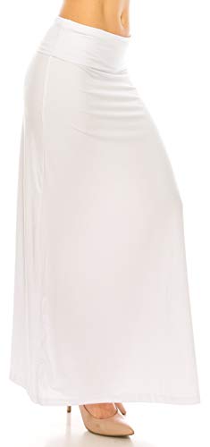 RENESEILLE Women's Long Maxi Skirt – Casual High Waist Fold Over Elastic Waistband Soft Flare Foldable Stretch Lounge Boho SKT810 White OS