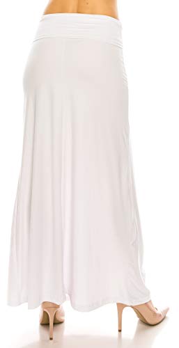 RENESEILLE Women's Long Maxi Skirt – Casual High Waist Fold Over Elastic Waistband Soft Flare Foldable Stretch Lounge Boho SKT810 White OS