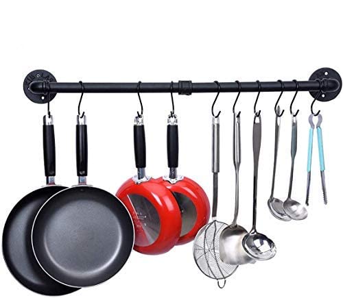 WuGeShop 38 Inch Pipe Pot Bar Rack, Wall Mounted Pan Hanging Rail Bar with 10 S Hooks, Kitchen Lids Utensil Spatula Hanger Organizer, Black