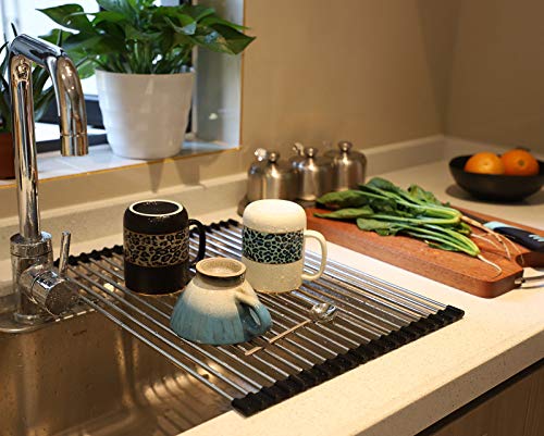 Ahyuan Roll up Dish Drying Rack Over The Sink Dish Drying Rack Dish Racks for Kitchen Counter Dish Rack Over Sink Camper Accessories Dish Drying Rack (Black, 13.8''Wx17.7''L)