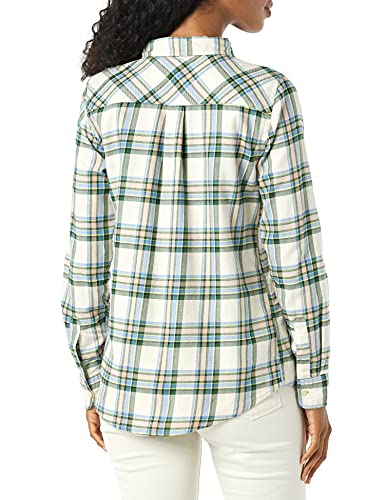 Amazon Essentials Women's Classic-Fit Long-Sleeve Lightweight Plaid Flannel Shirt, Ivory Green Alpine Plaid, Medium