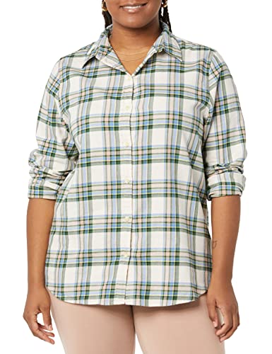 Amazon Essentials Women's Classic-Fit Long-Sleeve Lightweight Plaid Flannel Shirt, Ivory Green Alpine Plaid, Medium