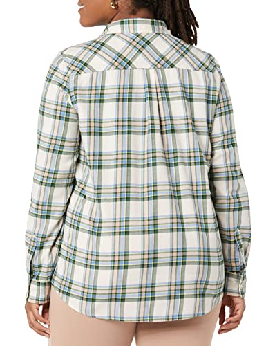 Amazon Essentials Women's Classic-Fit Long-Sleeve Lightweight Plaid Flannel Shirt, Ivory Green Alpine Plaid, Medium