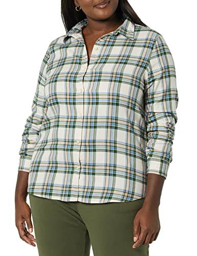 Amazon Essentials Women's Classic-Fit Long-Sleeve Lightweight Plaid Flannel Shirt, Ivory Green Alpine Plaid, Medium