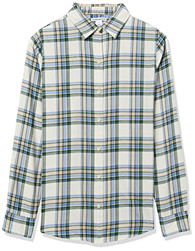 Amazon Essentials Women's Classic-Fit Long-Sleeve Lightweight Plaid Flannel Shirt, Ivory Green Alpine Plaid, Medium