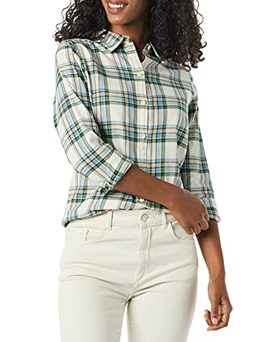 Amazon Essentials Women's Classic-Fit Long-Sleeve Lightweight Plaid Flannel Shirt, Ivory Green Alpine Plaid, Medium