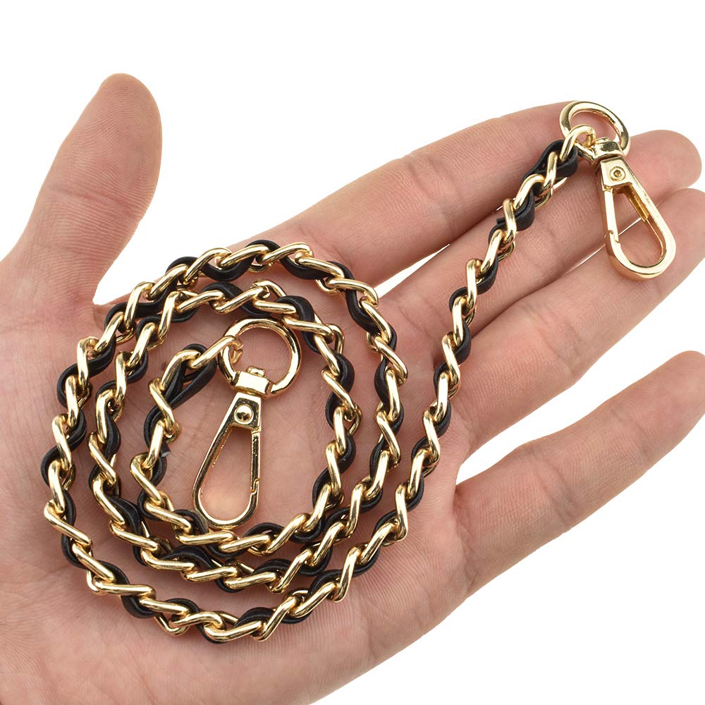 HAHIYO Mini Purse Chain Strap Slim Wide 8mm for LV Length 23.6 inches Extra Thick 4.5mm Black Leather Gold Hardware for Shoulder Cross Body Sling Handbag Wallet Comfortable Flat Metal Strap 1 Pack