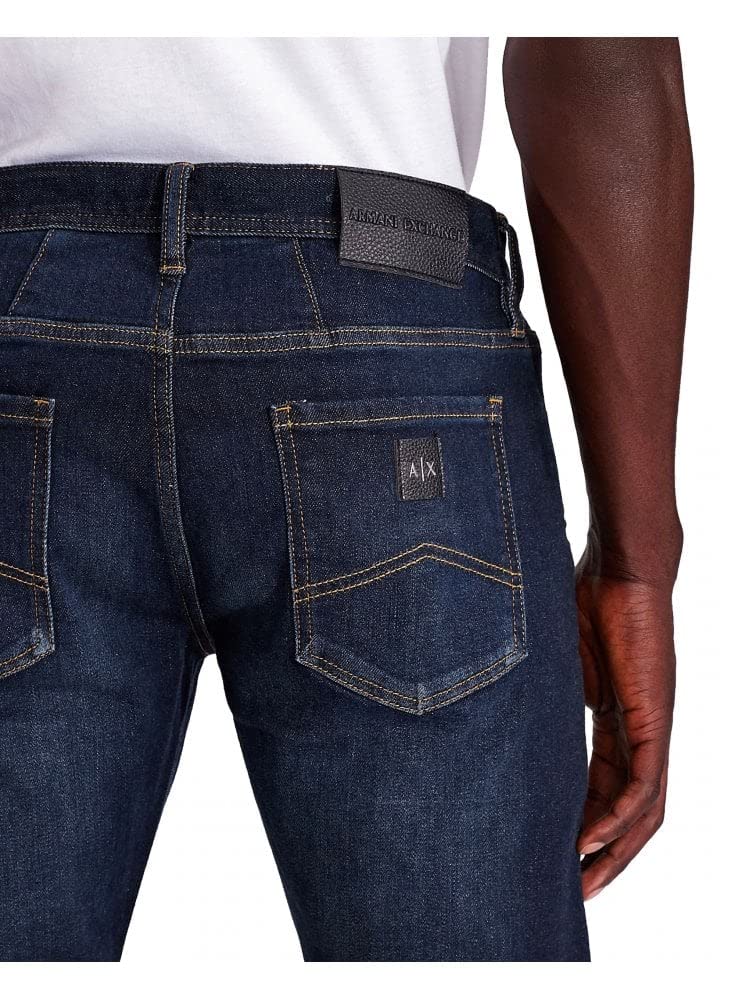 A | X ARMANI EXCHANGE Men's 5 Pocket Slim Denim, Dark Wash/Tobacco Stitching/Stretch Cotton, 33